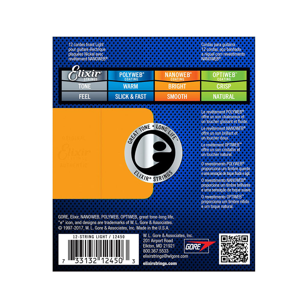 Elixir 12450 Nanoweb Electric Guitar Strings, 12-String Light, 10-46 ...
