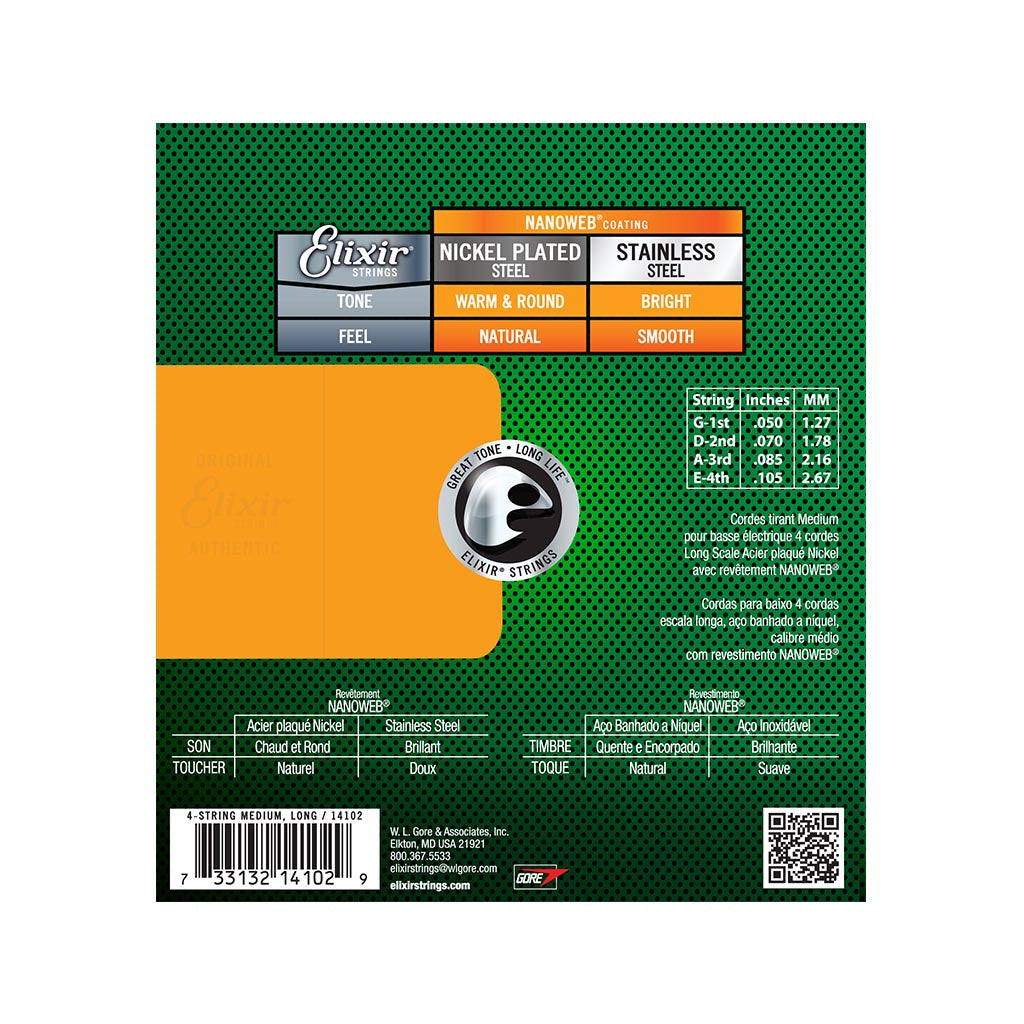 Elixir 14102 Nanoweb Nickel Plated Steel Electric Bass Strings, Long S ...