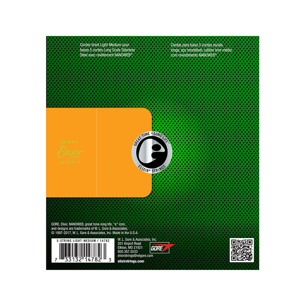 Elixir 14782 Nanoweb Med w/ Light B Long Scale Stainless Steel 5-Strin ...