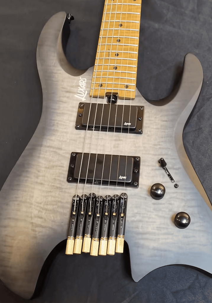 Luxars Headless S-G63-7 7 String Black Electric Guitar – Mahogany Music