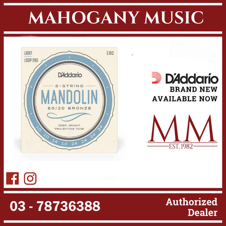 D'Addario EJ62 80/20 Bronze Mandolin Strings, Light, 10-34 Gauge – Mahogany Music