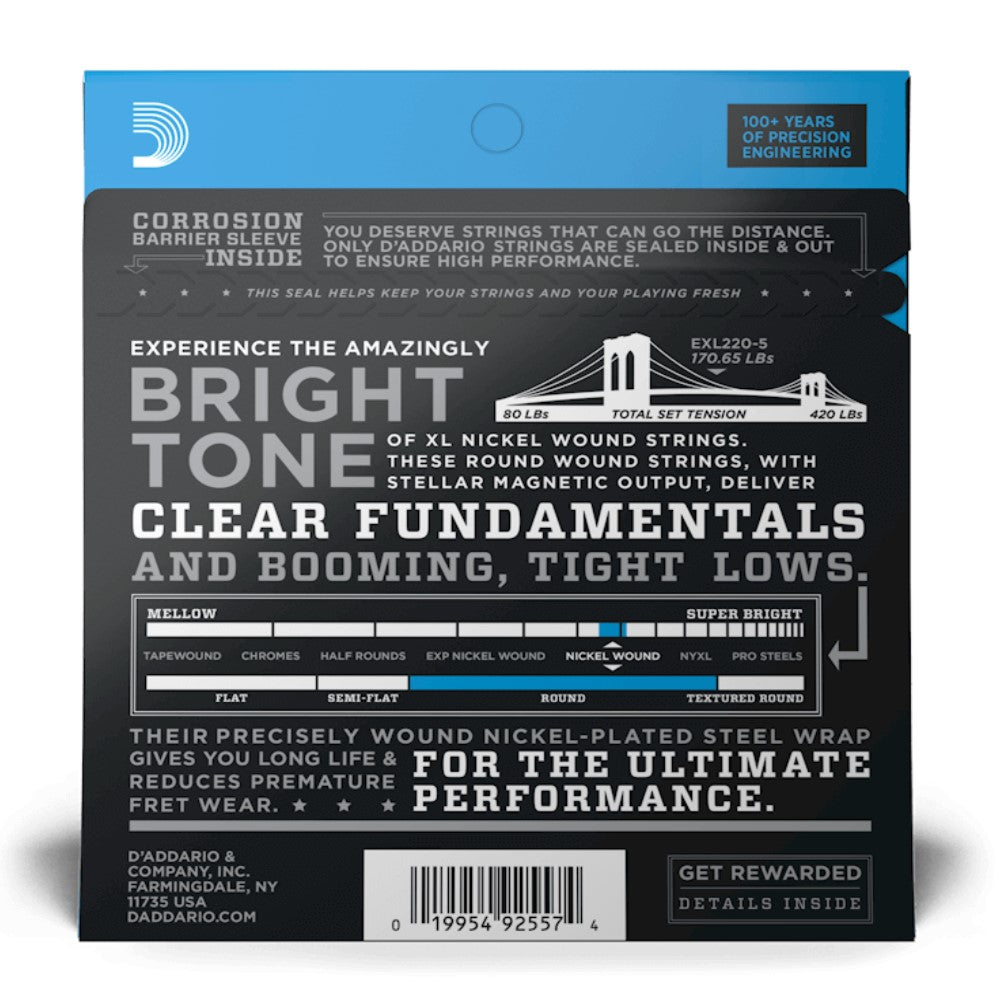 D’Addario EXL220-5 XL Nickel Wound 5-String Electric Bass Strings, Sup ...